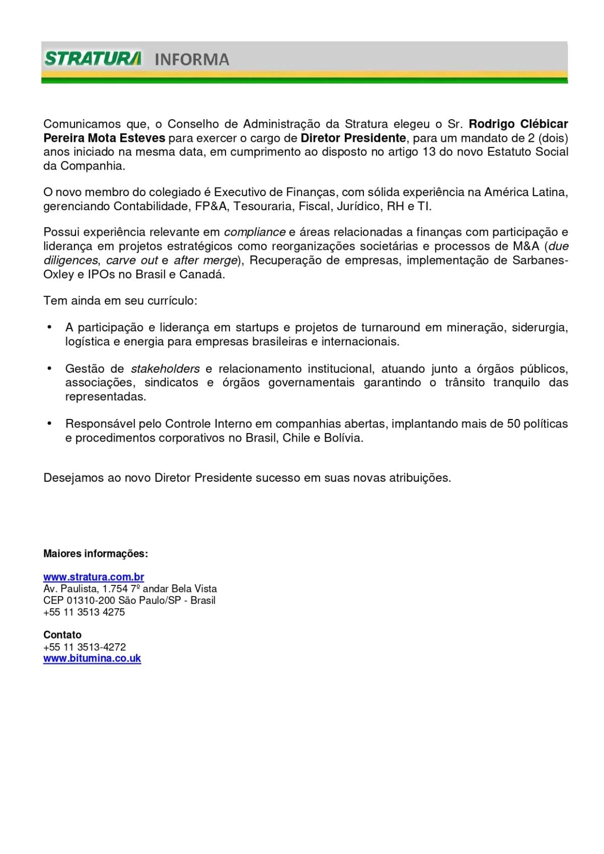 Stratura Informa – Novo Diretor Presidente – Stratura Asfaltos e ...